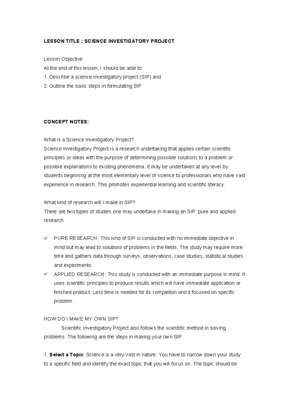 SIP Guide: Mastering the Science Investigatory Project Steps - Studocu