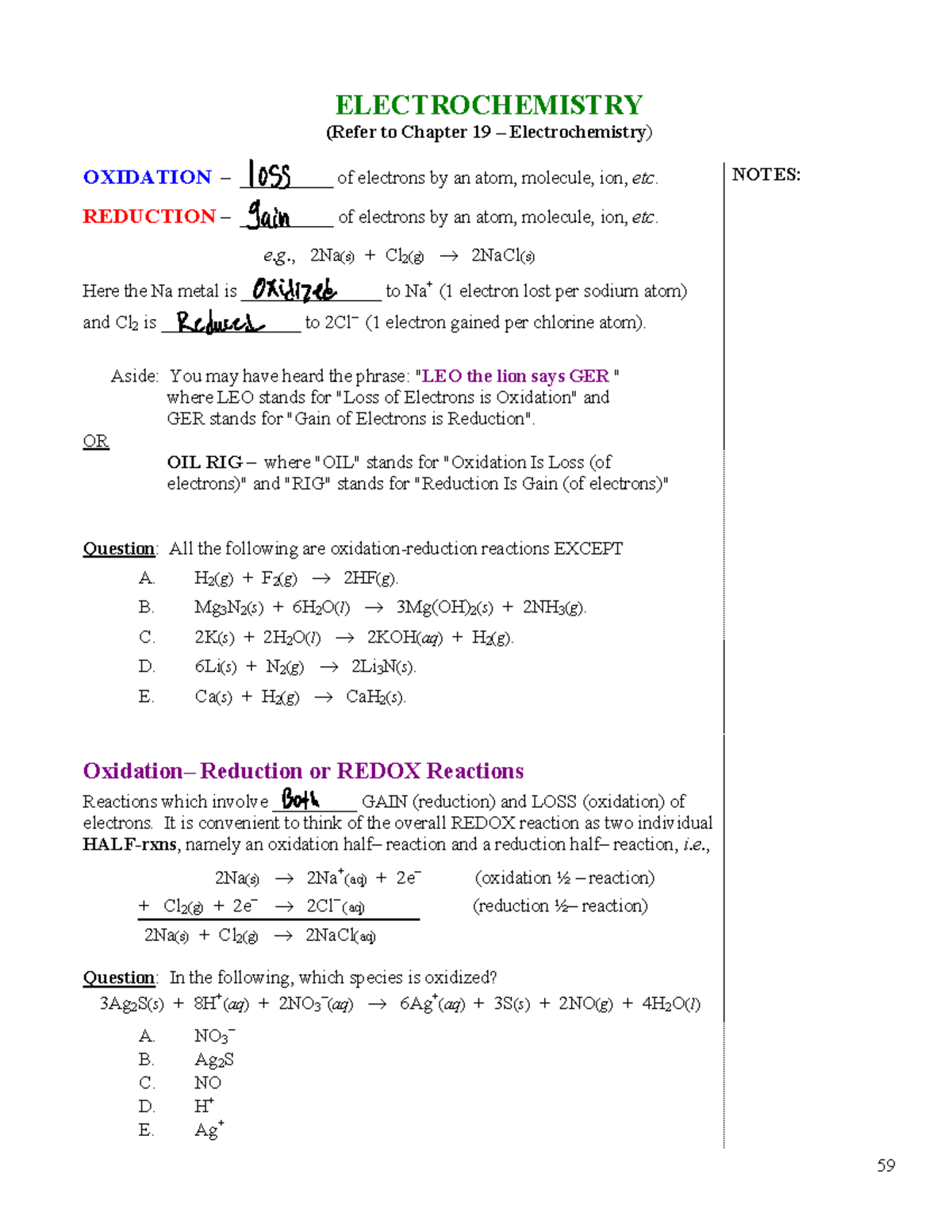 Final Exam Review: Electrochemistry (CHEM 305) Topics and Concepts ...
