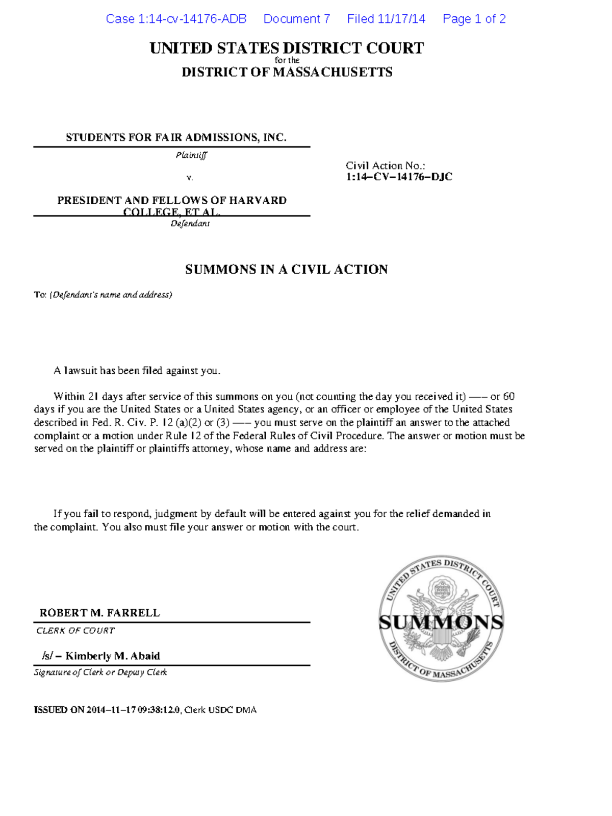 SFFA v. Harvard Case Summons - Civil Action No. 1:21-cv-11424 - Studocu