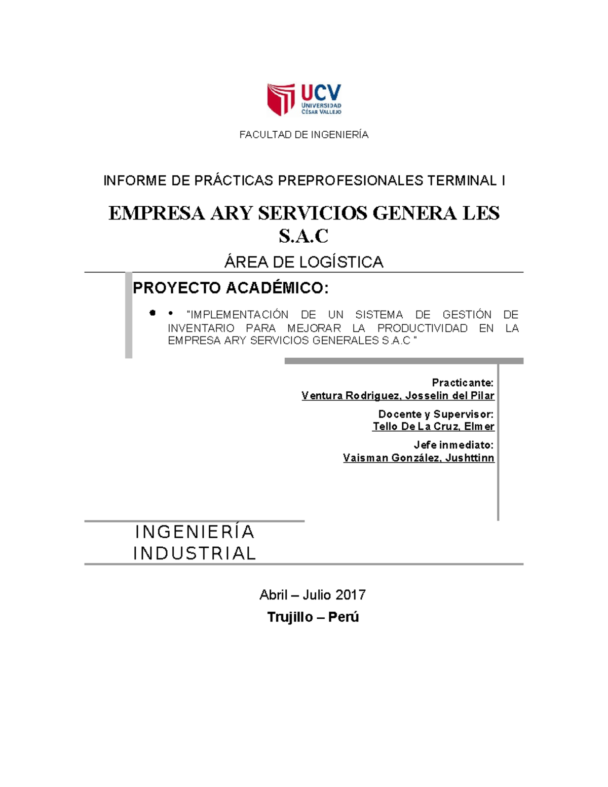 Informe Final de Prácticas Preprofesionales - Ing. Industrial (Terminal ...