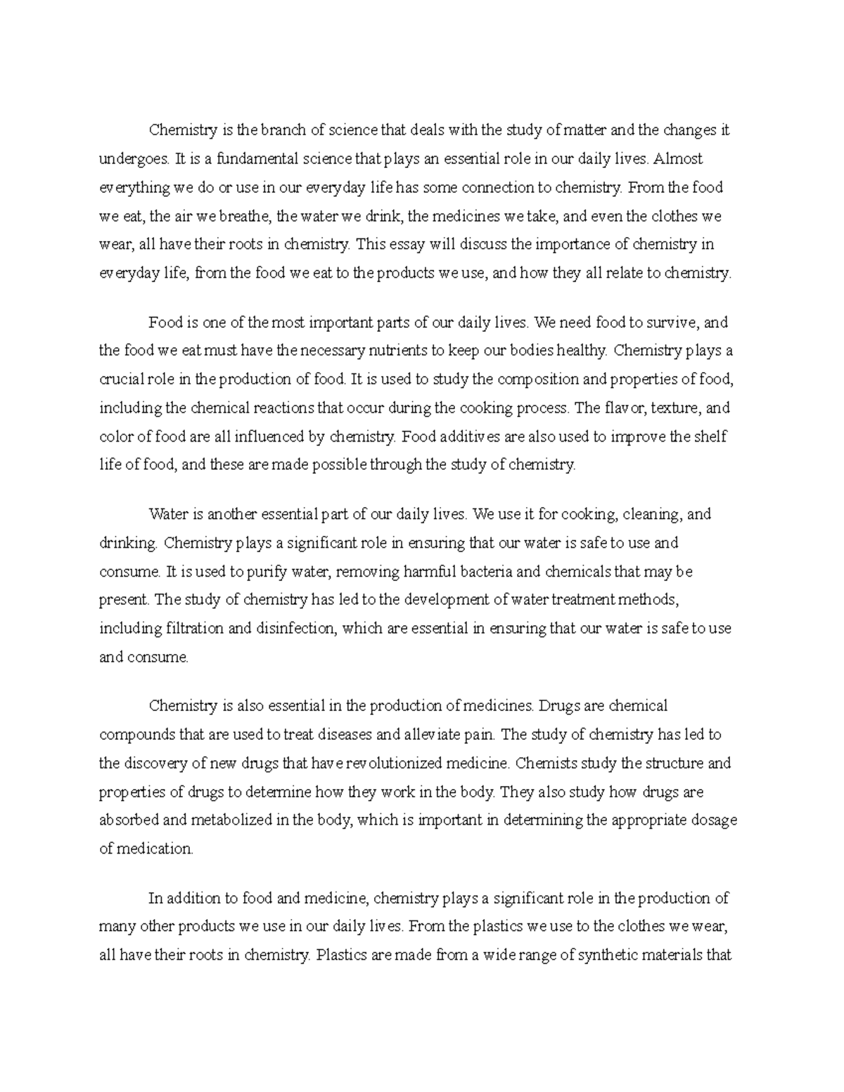 CHEM 101 - The Role of Chemistry in Daily Life - Essay - Studocu
