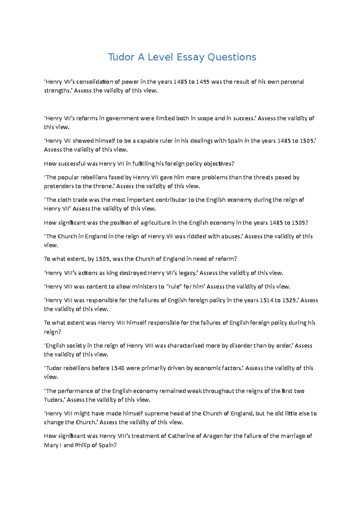 Tudor A Level Essay Questions - Practice for A Levels Exam Prep - Studocu