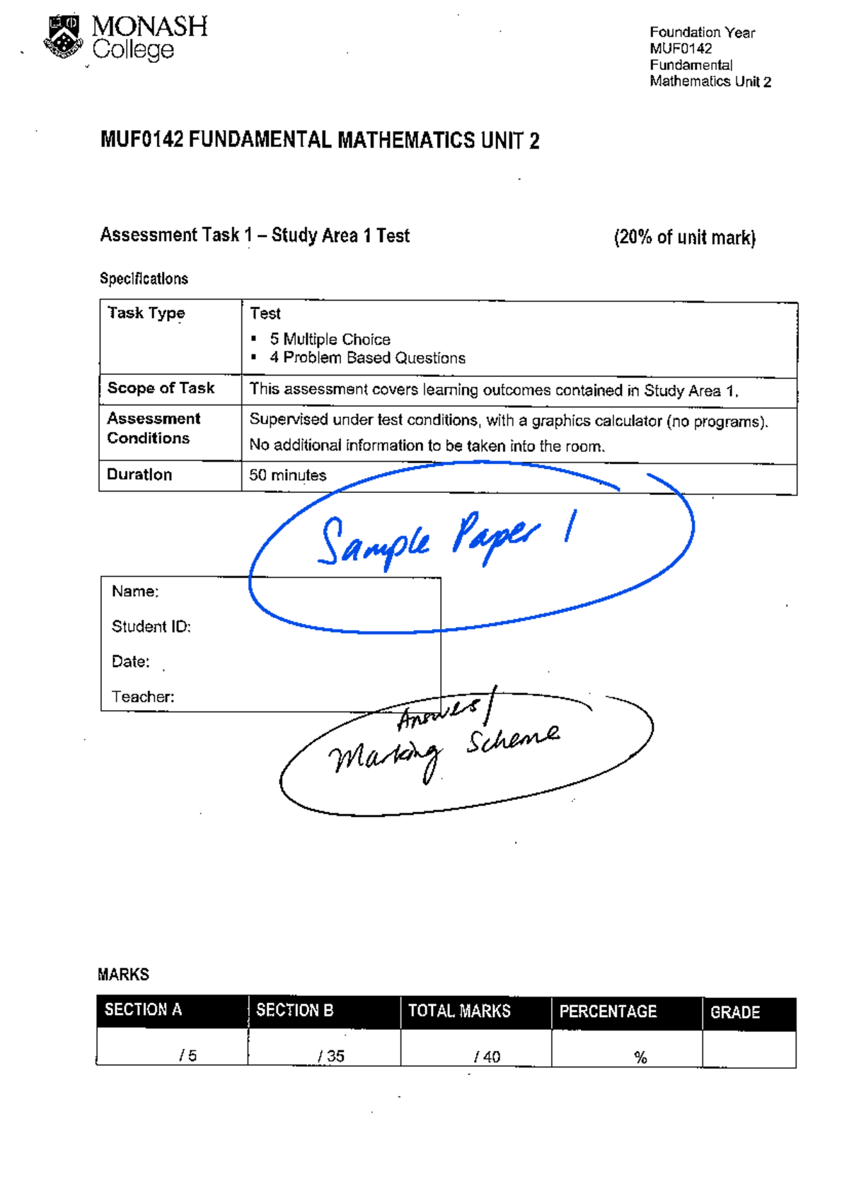 MUF0142 Fundamental Mathematics Unit 2 SA1 Test Sample Paper Answers ...
