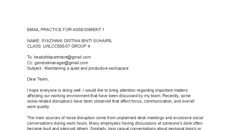 EMAIL PRACTICE FOR ASSESSMENT 1: WORKSPACE PRODUCTIVITY TIPS - Studocu