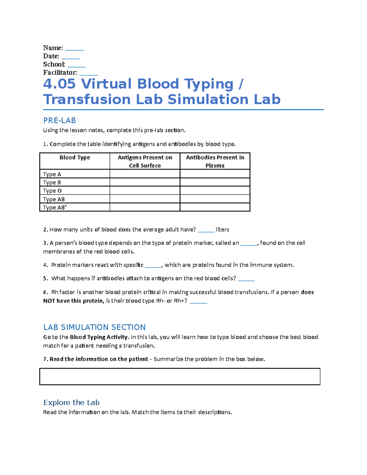 Human Anatomy Blood Typing Lab worksheet - Name: Date: School ...