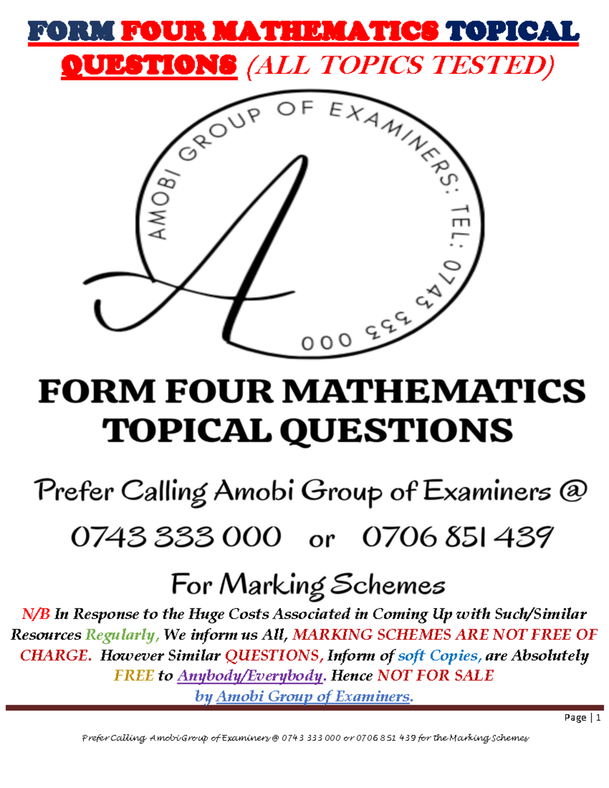 F4 Maths Topical Questions by Amobi Group of Examiners - Studocu