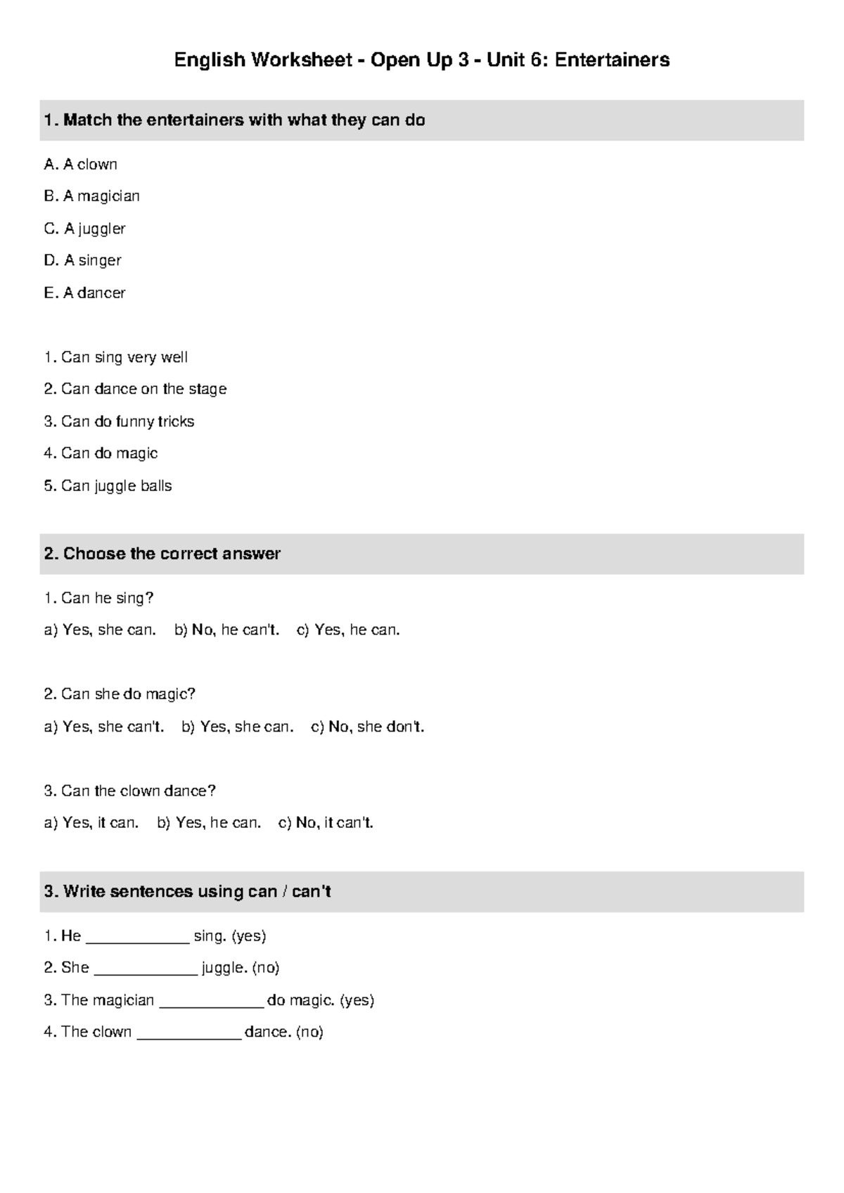 Open Up 3 Unit 6: Entertainers Worksheet Activities and Exercises - Studocu