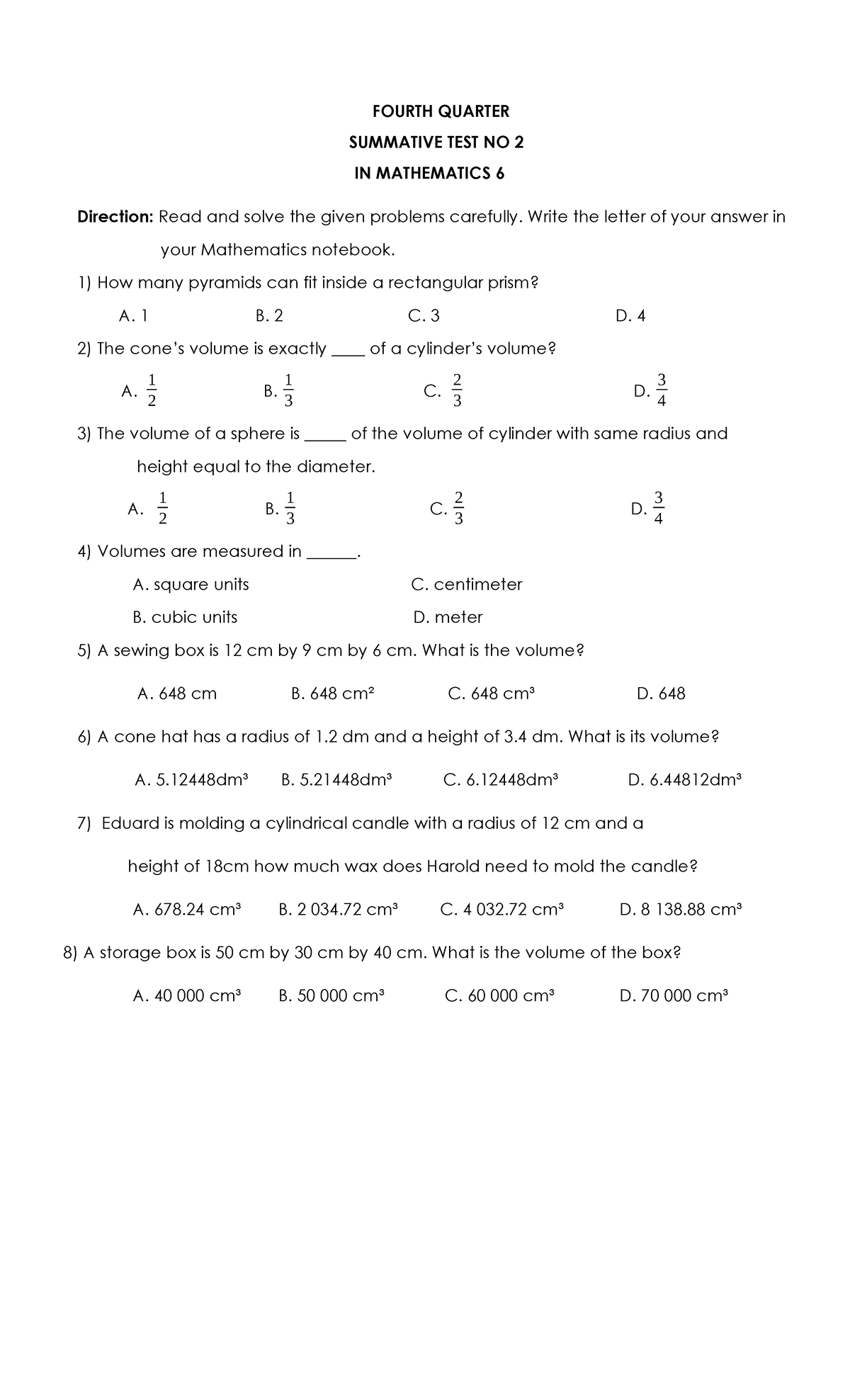 MATH 6 Q4 Summative Test No. 2: Volume Problems and Solutions - Studocu