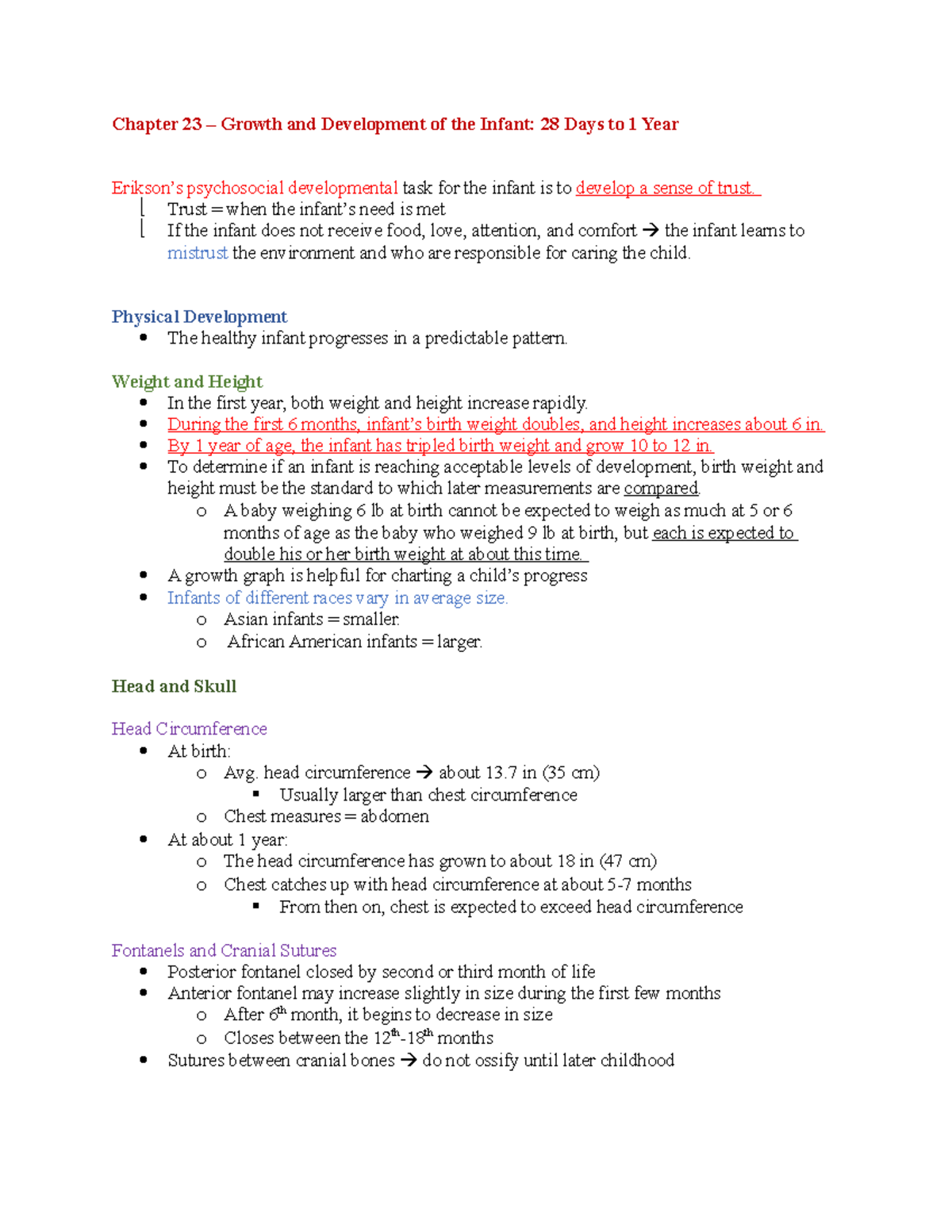 Chapter 23: Infant Growth & Development Notes (Psychosocial & Physical ...