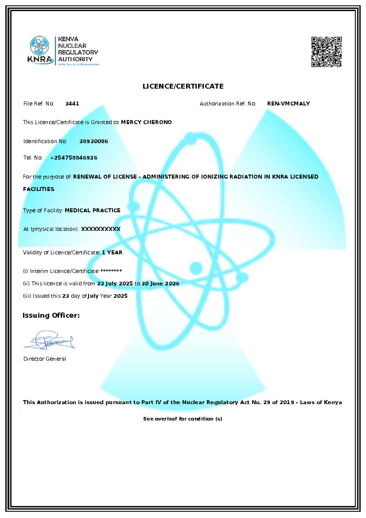 Mercy Cherono License Renewal for Ionizing Radiation Admin. - Studocu