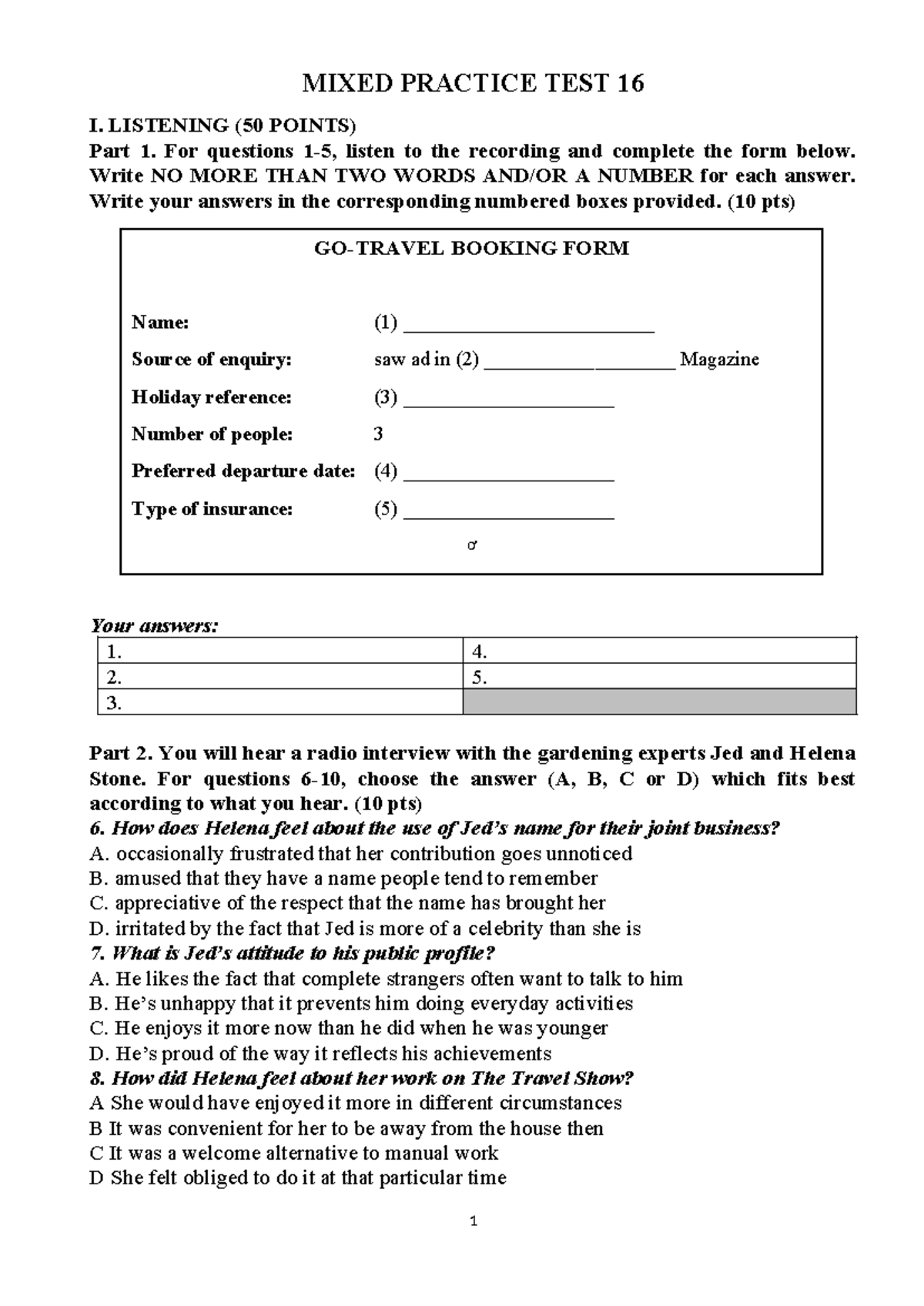 Mixed TEST 16 - Mix test - MIXED PRACTICE TEST 16 I. LISTENING (50 ...