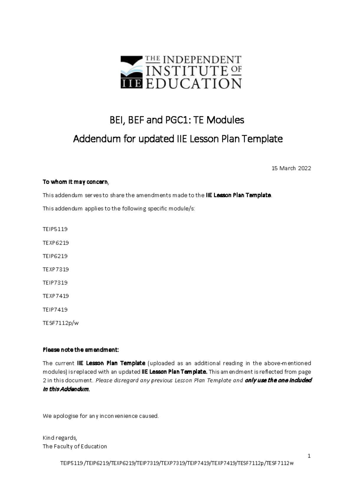 Addendum FOR Updated IIE Lesson Plan Template - 1 BEI, BEF and PGC1: TE ...