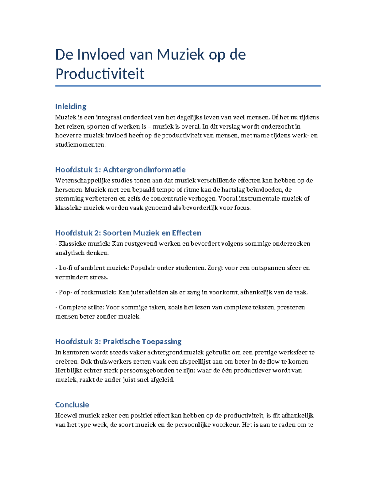 Verslag: De Invloed van Muziek op Productiviteit tijdens Werk- en ...