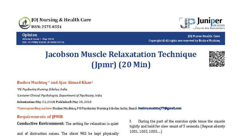 Jacobson Muscle Relaxation Technique (JPMR) - JOJ Nurse Health Care 8(1 ...