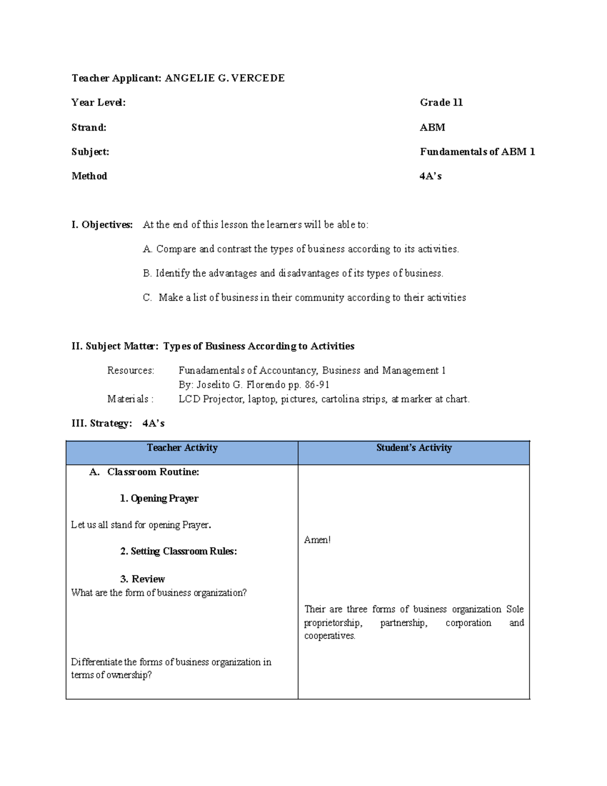 ABM 1: Types of Business According to Activities - Lesson Plan - Studocu