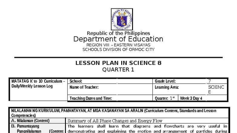 G7 SCI 8 Q1 W3 D4 Lesson Plan: Phase Changes & Energy Flow - Studocu