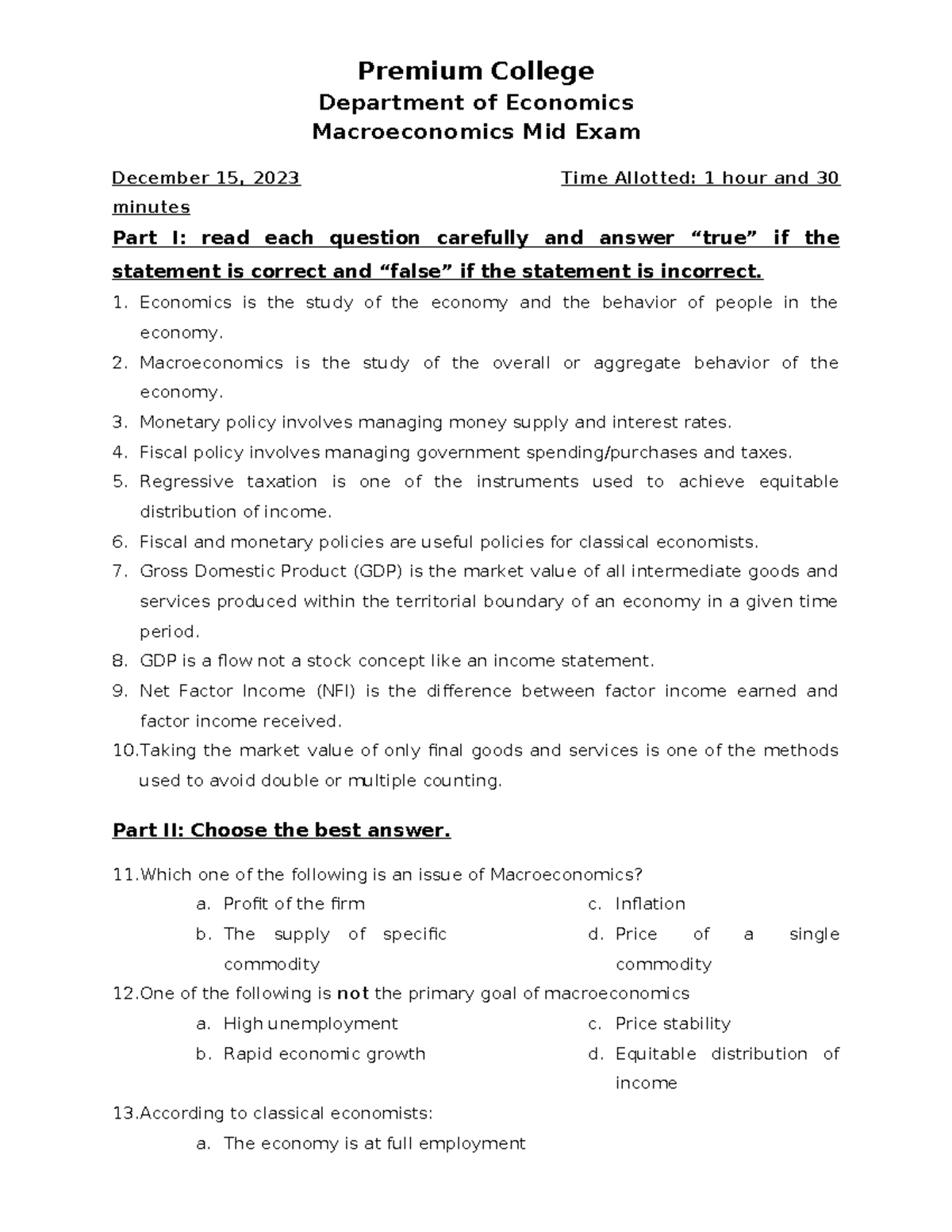 Macroeconomics Mid Exam Study Guide (ECO101) - December 2023 - Studocu