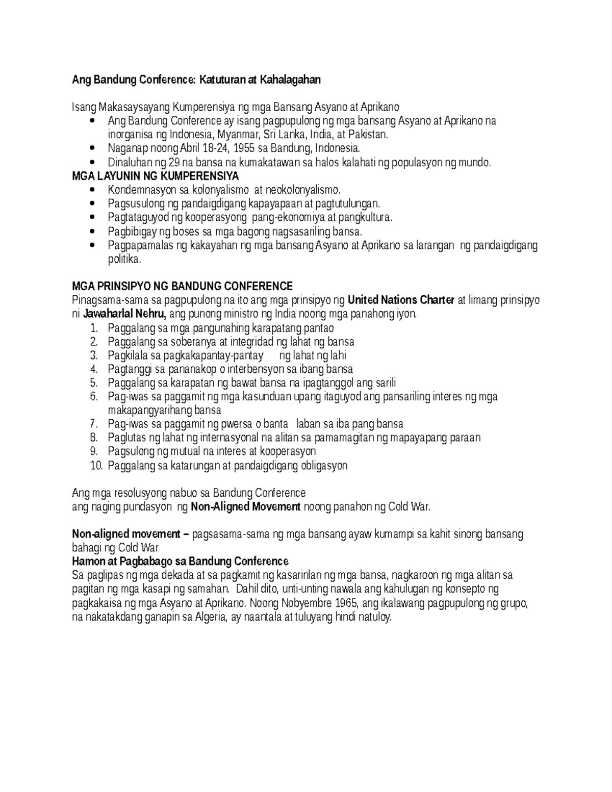 Ang Bandung Conference: Kahalagahan at Mga Prinsipyo ng 1955 - Studocu
