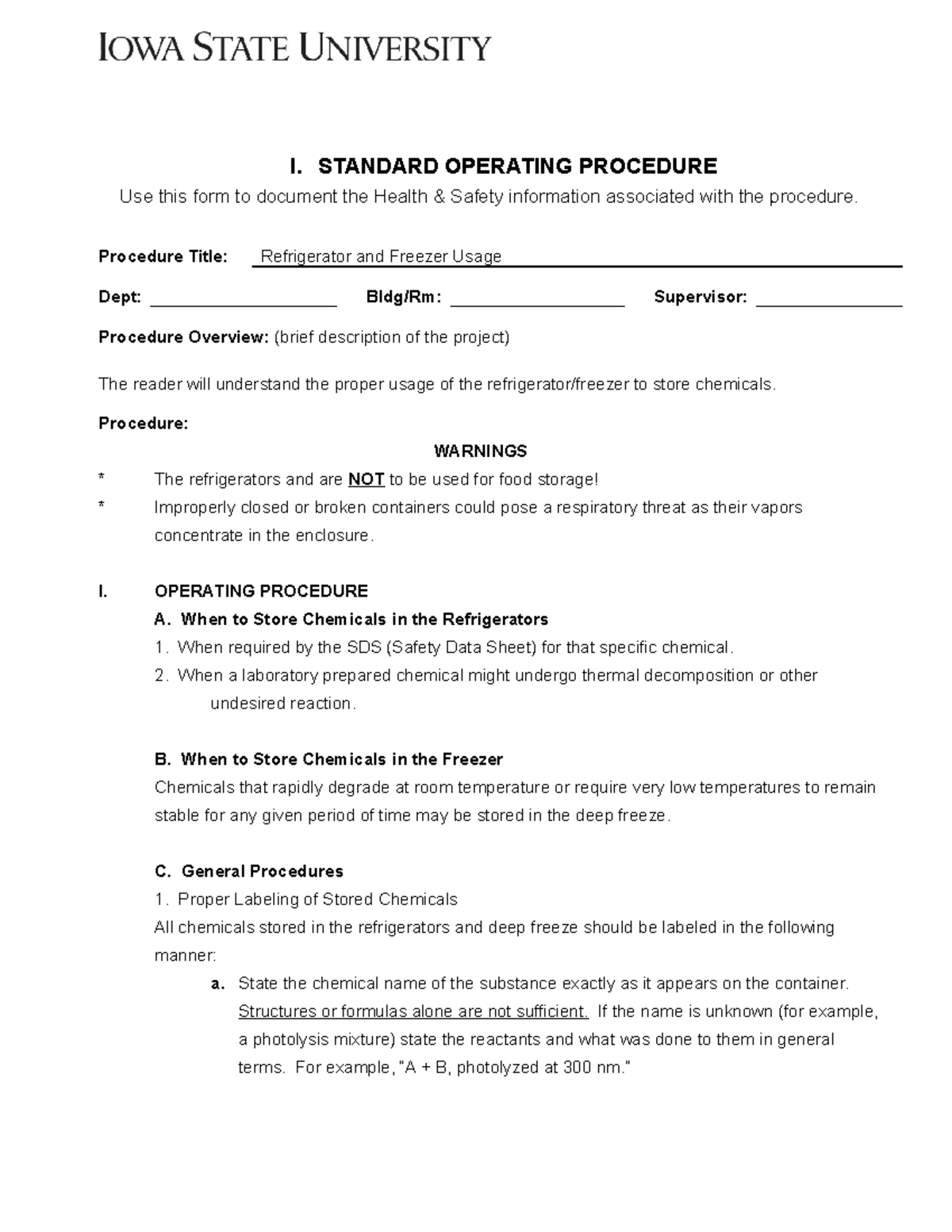 Refrigerator Freezer Usage - I. STANDARD OPERATING PROCEDURE Use this ...
