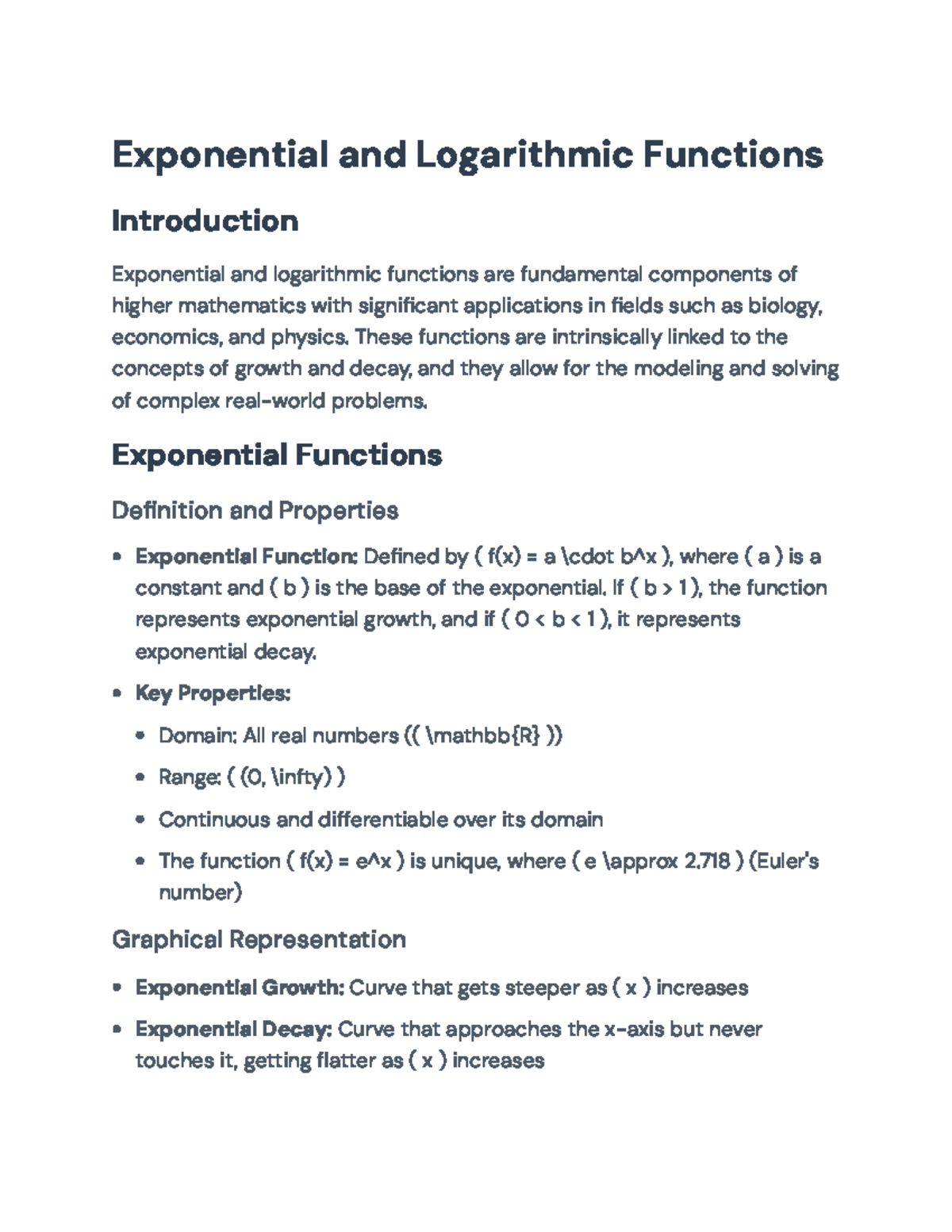 Exponential and Logarithmic Functions Concepts and Applications ...