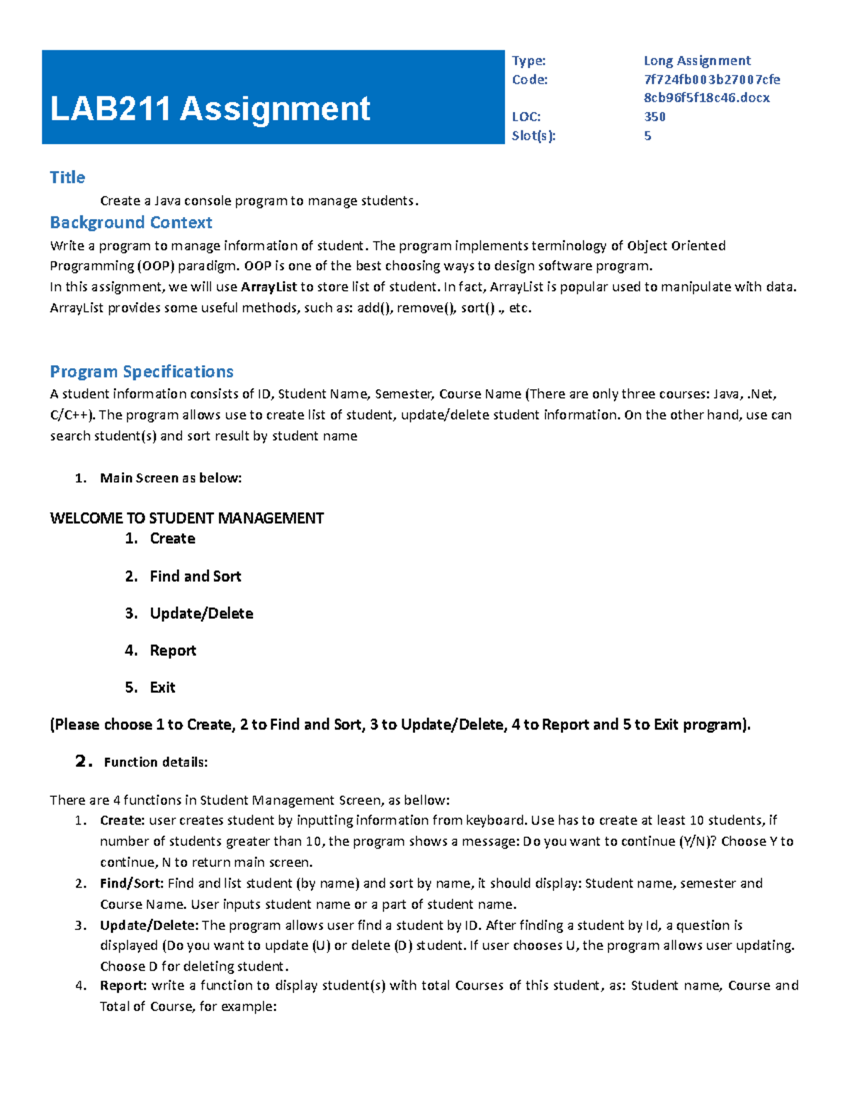 LAB211 Long Assignment: Java Console Program for Student Management - Studocu