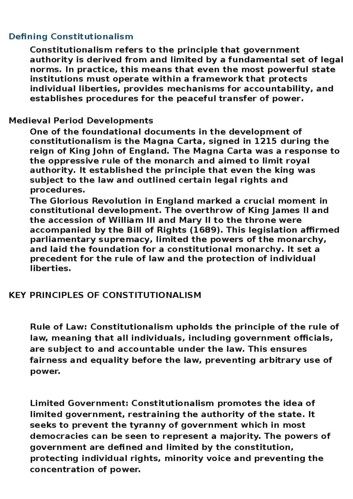 Constitutionalism: Key Principles and Historical Developments - Studocu