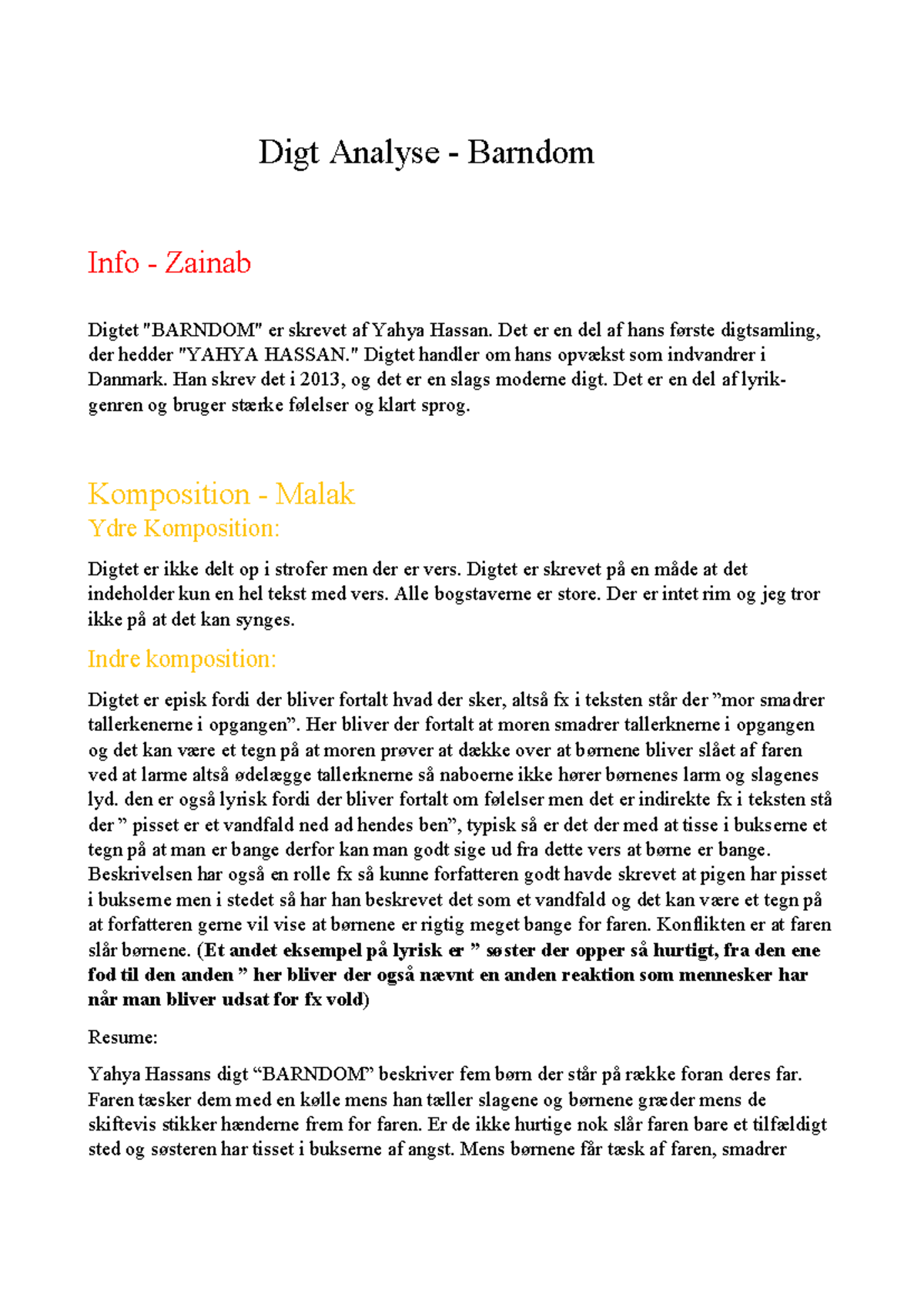 Digtanalyse af "Barndom" af Yahya Hassan - Litterære Aspekter - Studocu