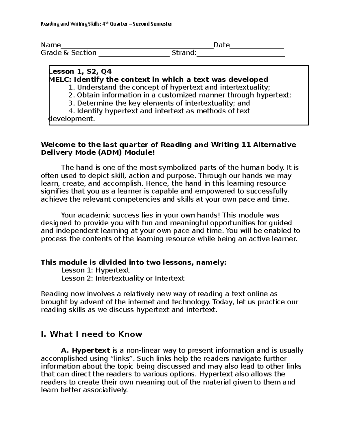 Reading and Writing Module S2 Q4 - BS Computer Engineering - AMA - Studocu