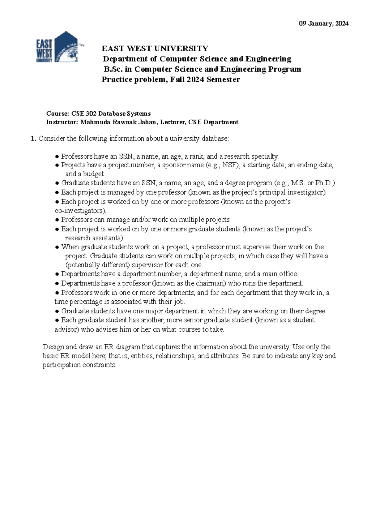 CSE 302 Final Exam Practice Problem: ER Diagrams & Relational Models - Studocu