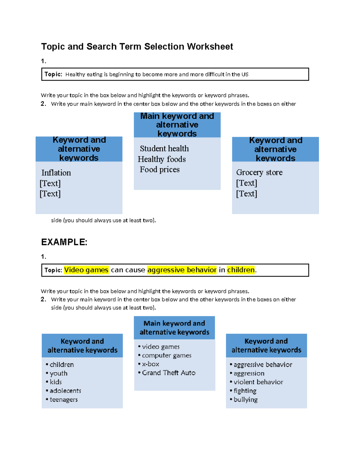 Topic and Search Term Selection Worksheet - Write your topic in the box ...