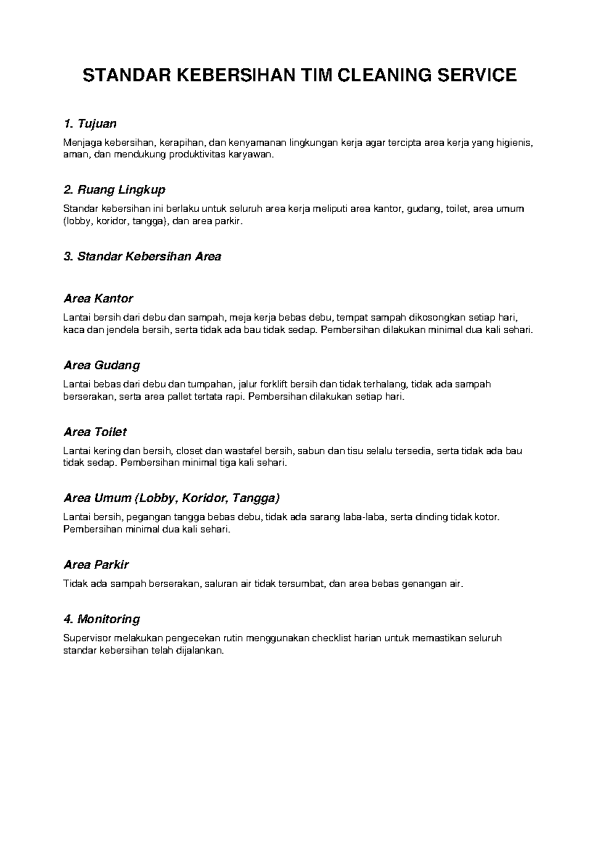 STANDAR KEBERSIHAN TIM CLEANING SERVICE: Prosedur dan Monitoring - Studocu