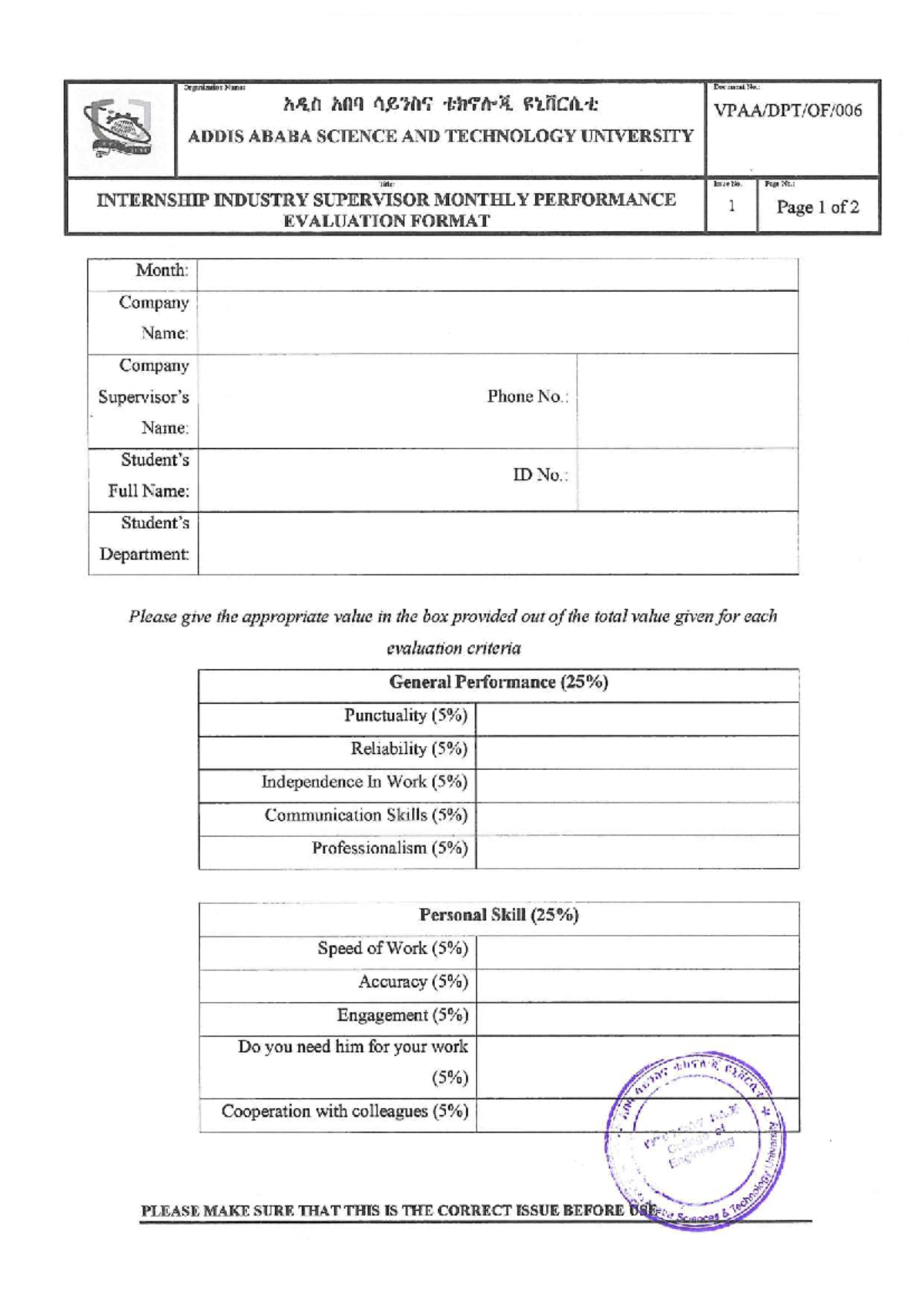 Internship Industry Supervisor Monthly Performance Evaluation Form 06 ...