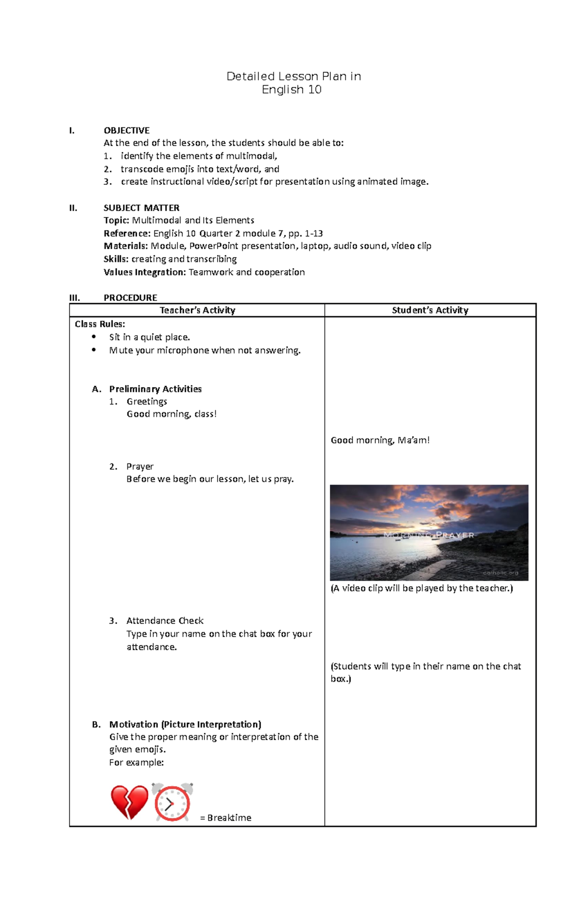 English 10 Final Lesson Plan: Exploring Multimodal Elements - Studocu