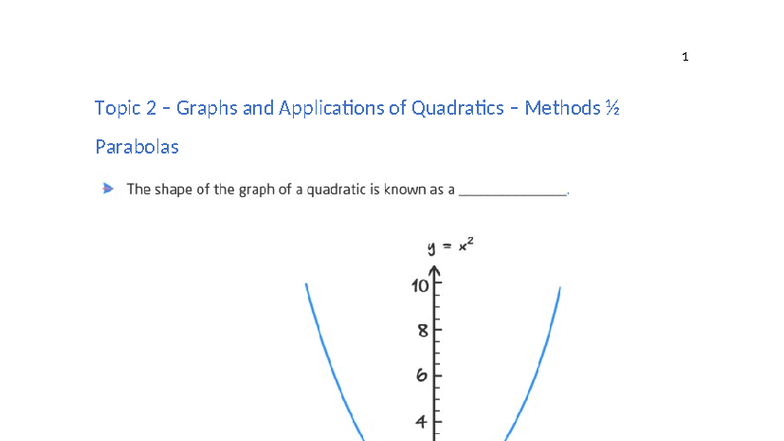 Methods Unit12 Topic 3 Graphs of Quadratics - Topic 2 – Graphs and ...
