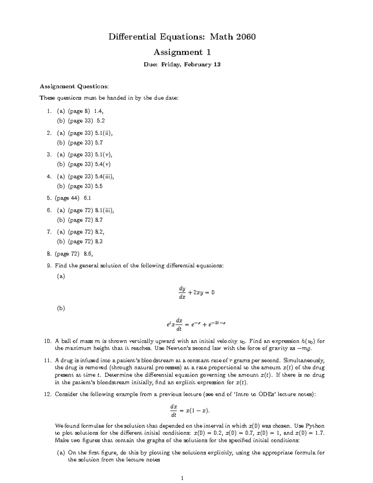 Math 2060: Differential Equations Assignment 1 Due Feb 13 - Studocu