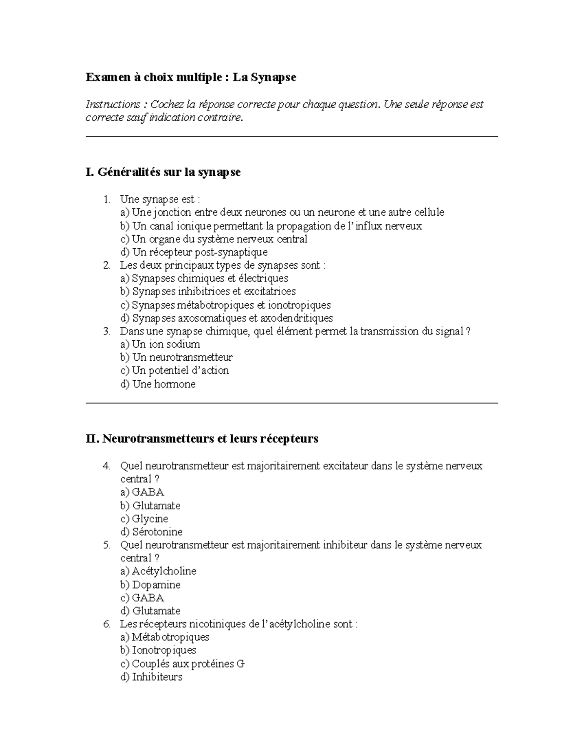 Examen à choix multiple - Examen à choix multiple : La Synapse ...