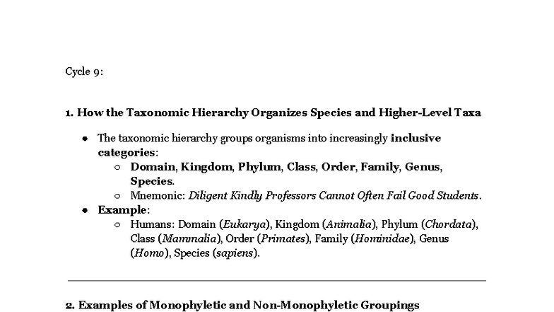 Bio Cycle 9: Taxonomic Hierarchy and Phylogenetic Concepts - Studocu