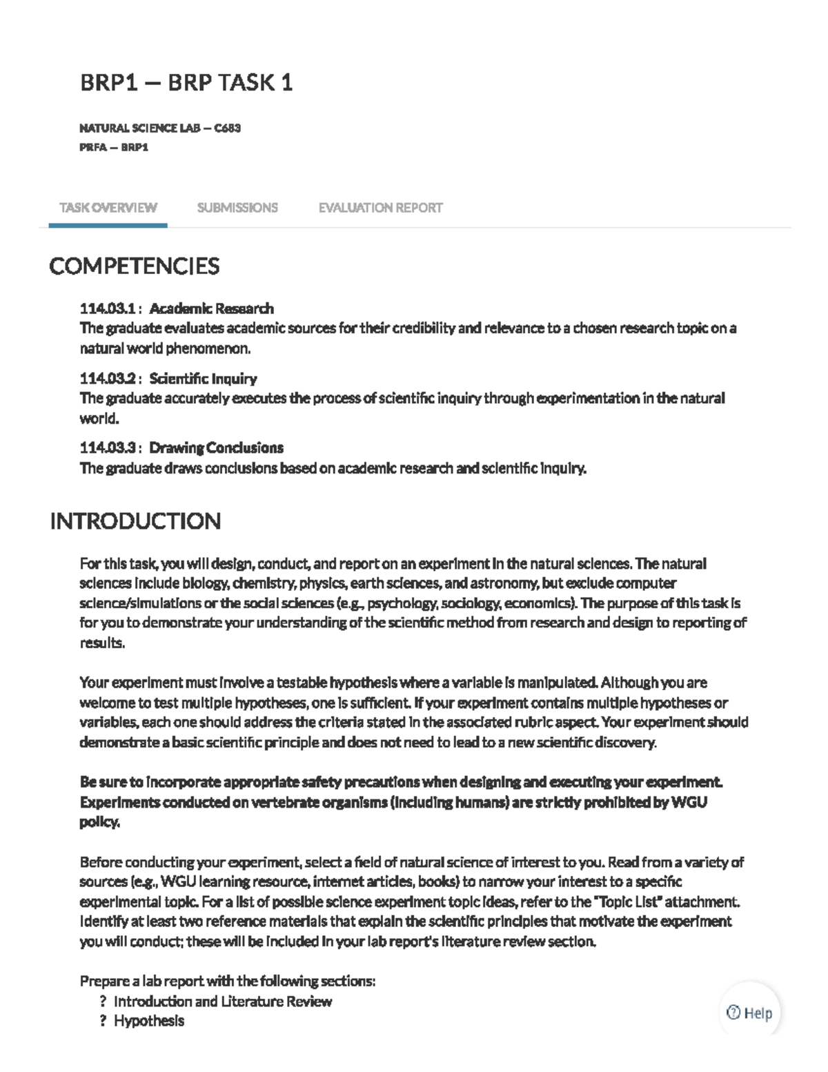 C683 - Natural Science Lab - Rubric - BRP1 BRP TASK 1 NATURAL SCIENCE LAB C683 PRFA BRP1 TASK ...