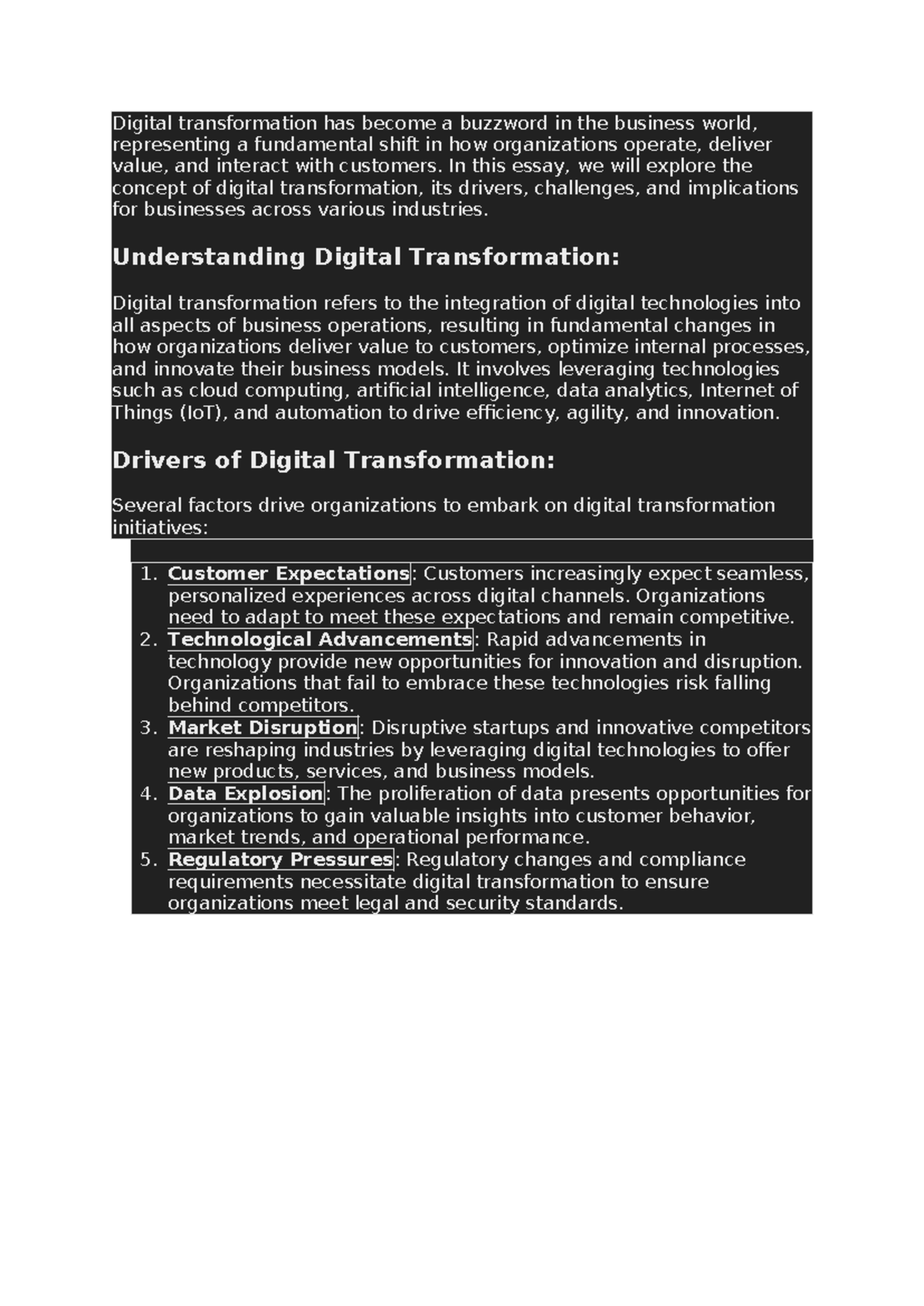 Essay on Digital Transformation in Business: Drivers & Challenges - Studocu