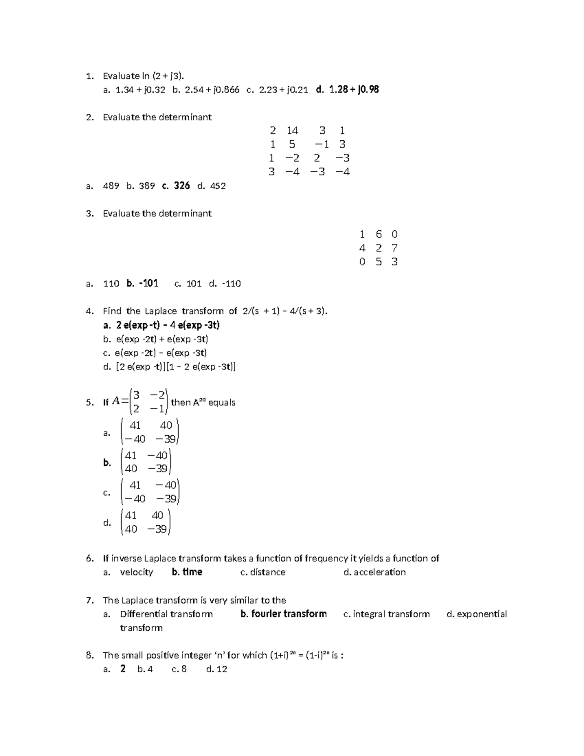 AEM Questions: Evaluating Determinants and Laplace Transforms - Studocu