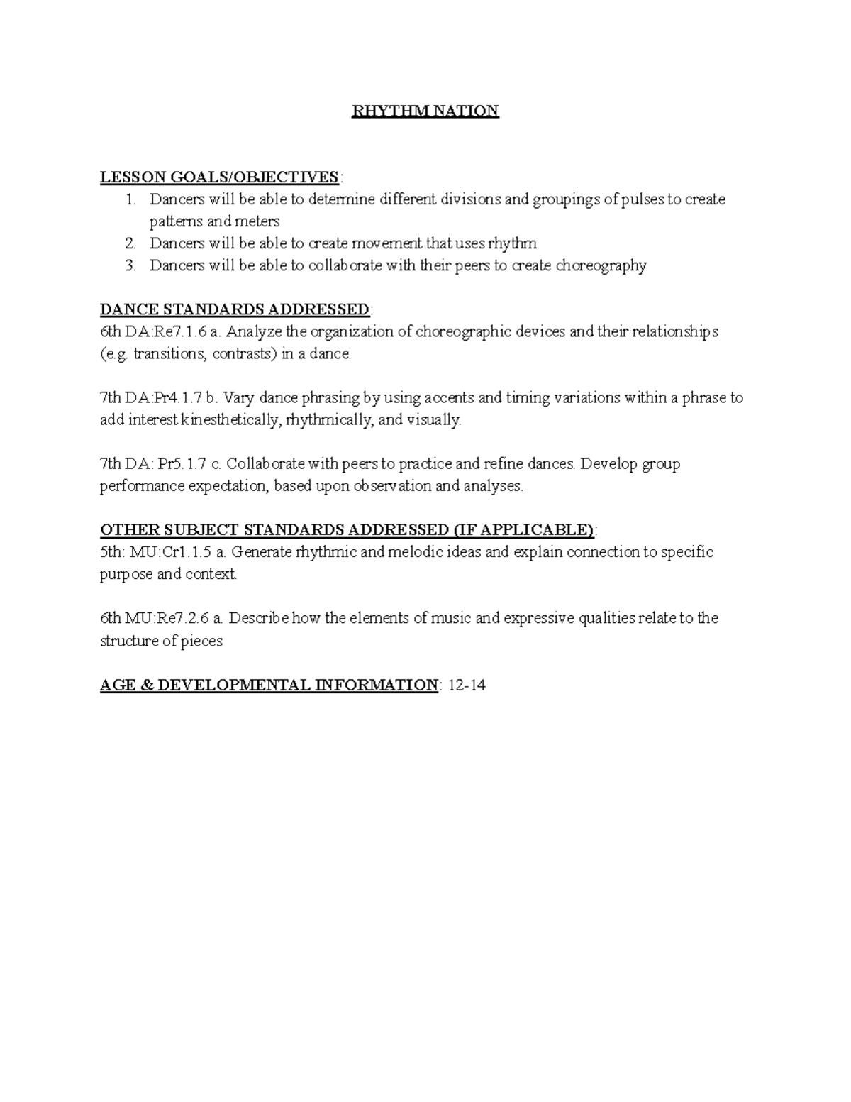 Rhythm Lesson Plan for Dancers: Exploring Patterns and Meters - Studocu