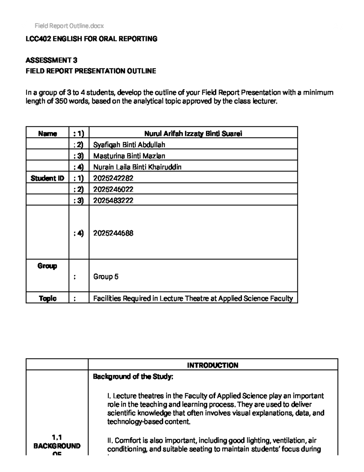 Field Report Presentation Outline - LCC402 - Studocu