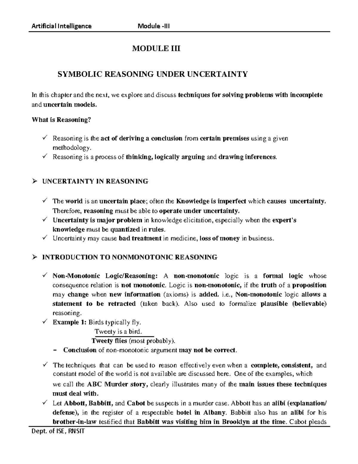 18CS753 AI Module 3: Symbolic Reasoning Under Uncertainty - Studocu