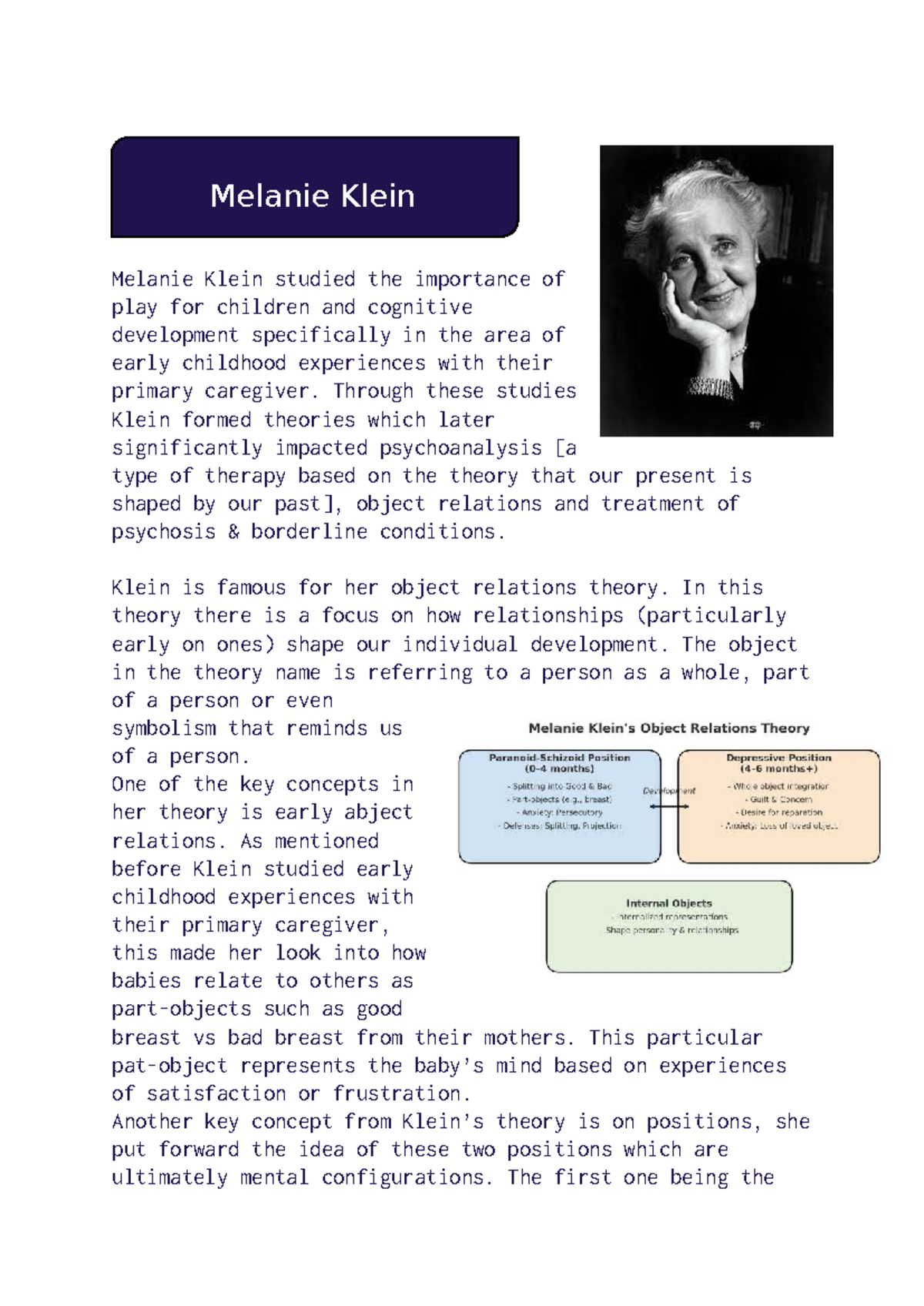 Melanie Klein: Key Concepts in Object Relations Theory - Studocu
