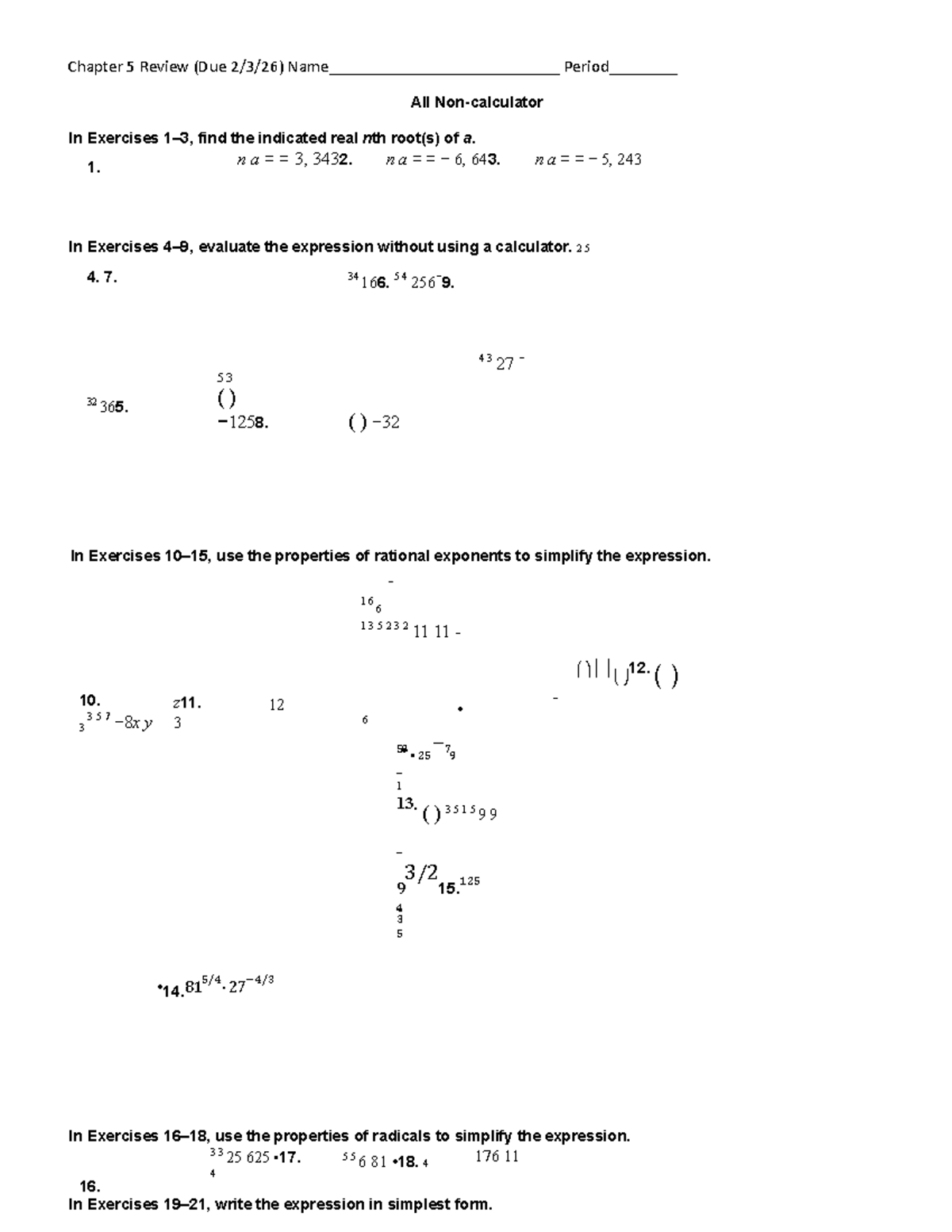 Hon Math 2026 Chapter 5 Review: Real nth Roots & Exponents - Studocu