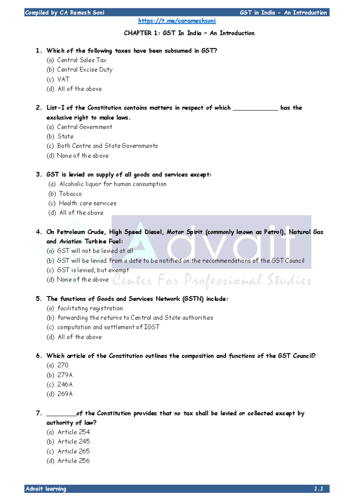 CA Final GST MCQ Compilation by CA Ramesh Soni - Study Guide - Studocu