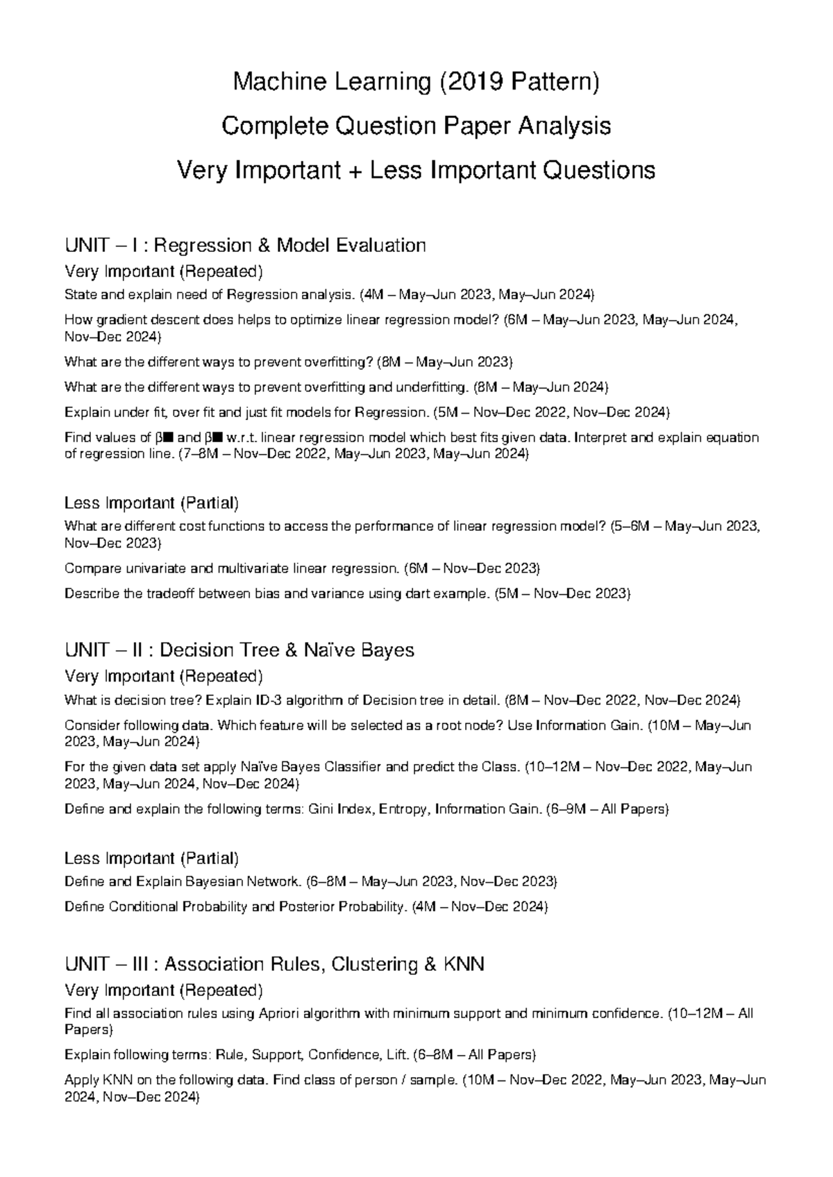 Machine Learning (2019 Pattern) Full Question Analysis: Important ...