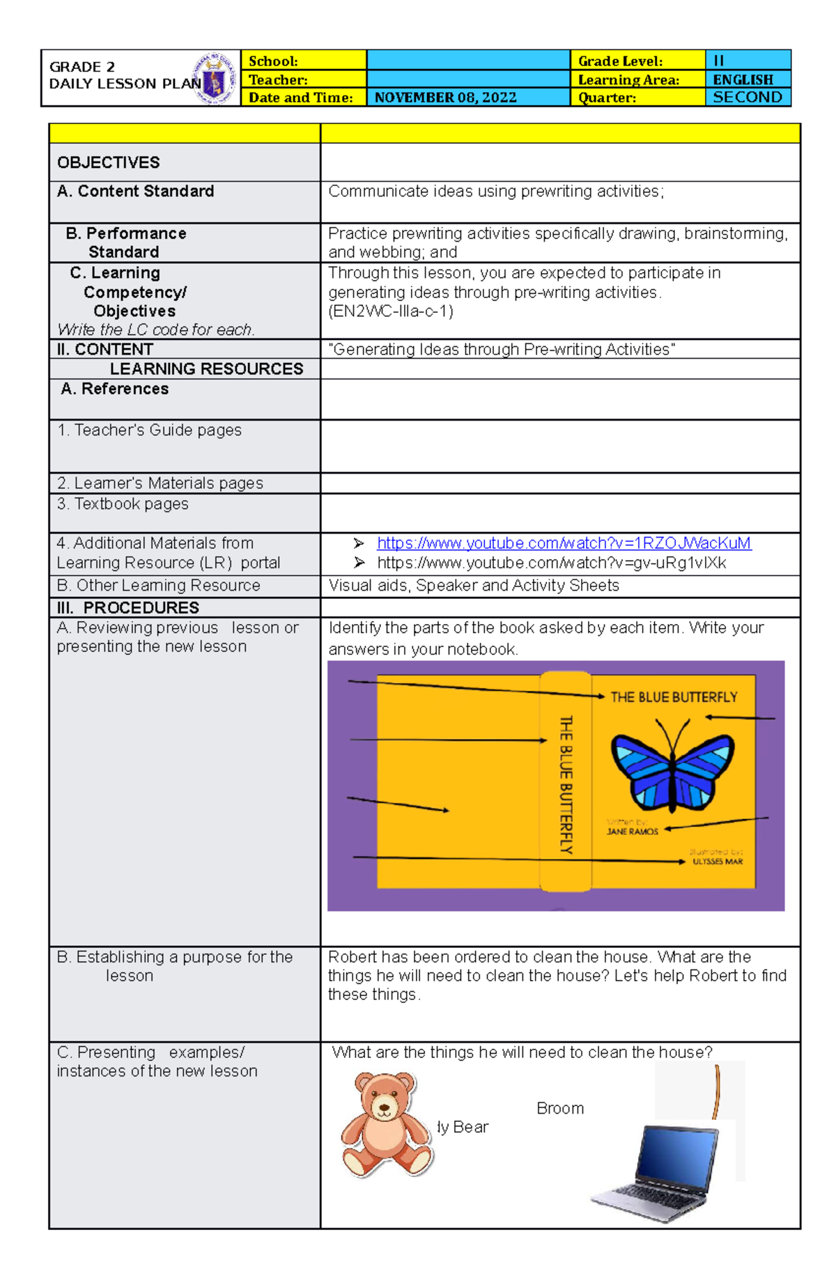 Q2-W2: Grade 2 English Daily Lesson Plan on Pre-Writing Activities ...