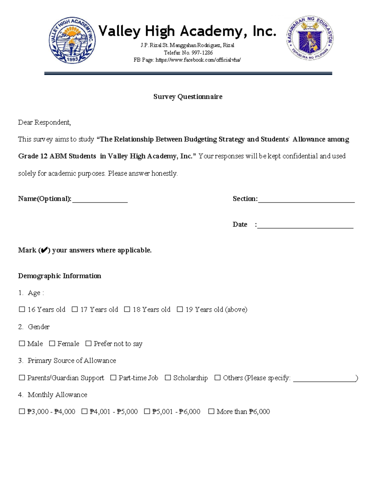 Survey Questionnaire on Budgeting Strategies Among Grade 12 ABM ...