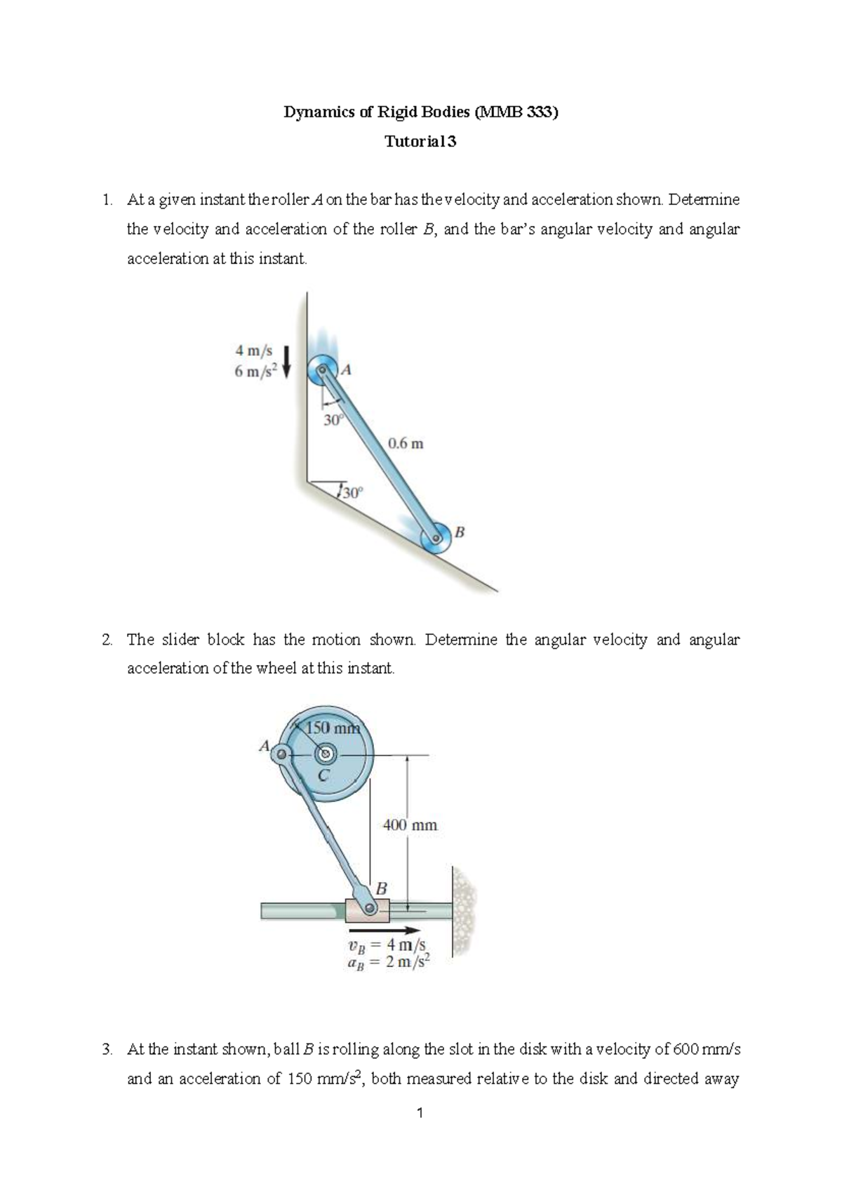 Dynamics of Rigid Bodies (MMB Tutorial 3) - Velocity & Acceleration Analysis - Studocu